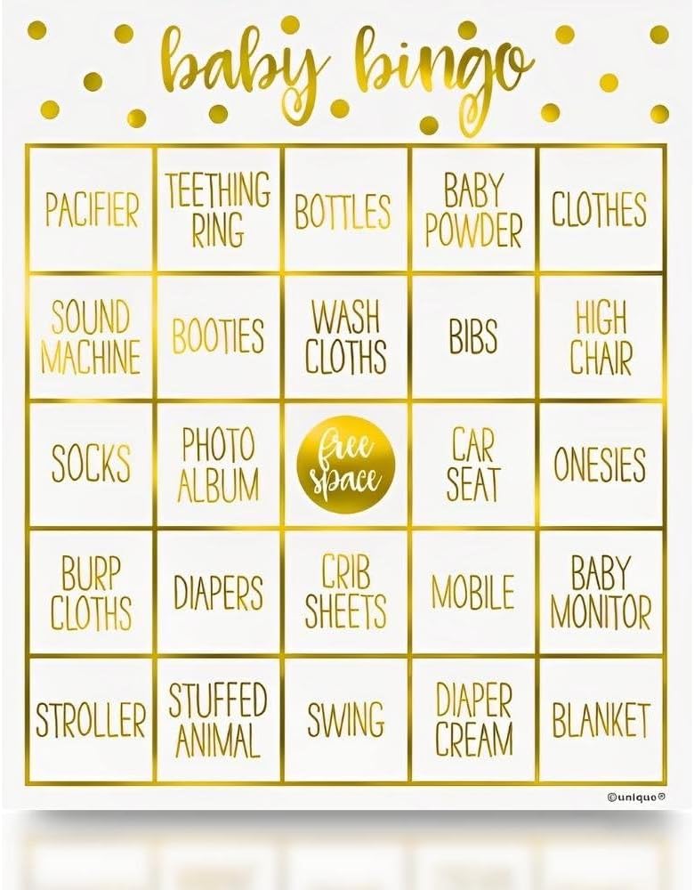 Gold Foil Baby Shower Bingo Kit (16cm x 25cm) - Luxury Stamped Party ...