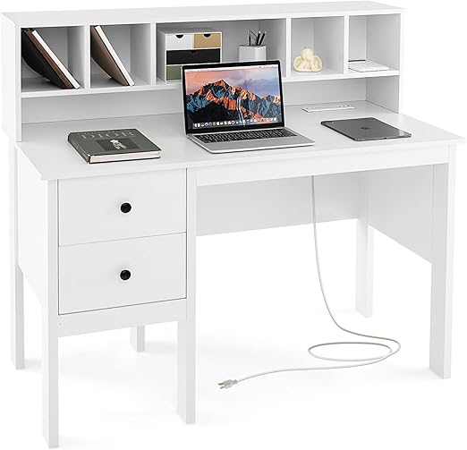 Amazon.com: Giantex White Desk with Drawers and Power Outlet, 48" Home ...