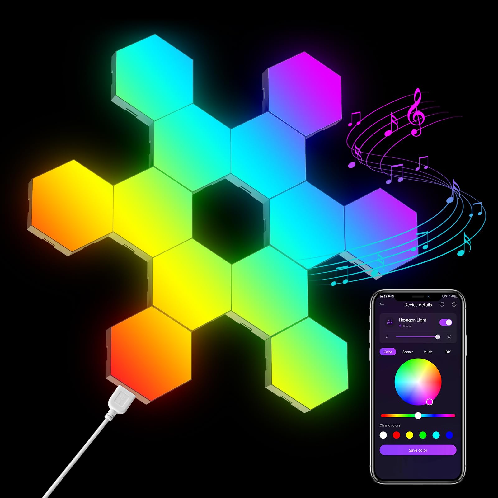 Hexagon Led Wall Lights Panels: 12Pieces Hex Smart Touch Sync Music ...
