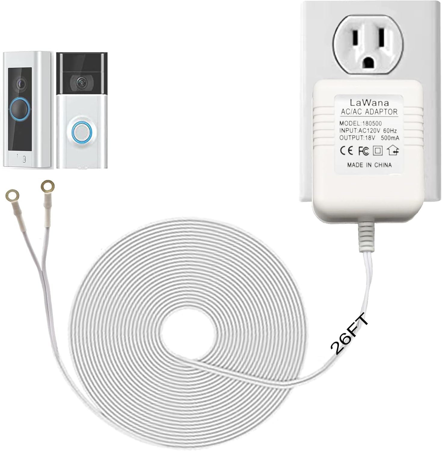 Amazon.com: LaWana 26FT Charging Cable18V500mA Video Doorbell Power ...