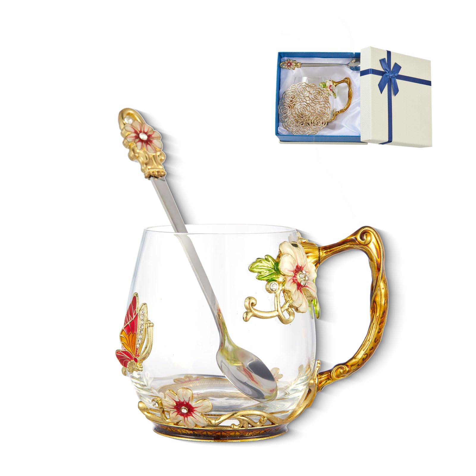 Amazon.com | AISVELDY Flower Tea Cup,Clear Glass Fancy Coffee Mug with Spoon,Gift Box for Her ...