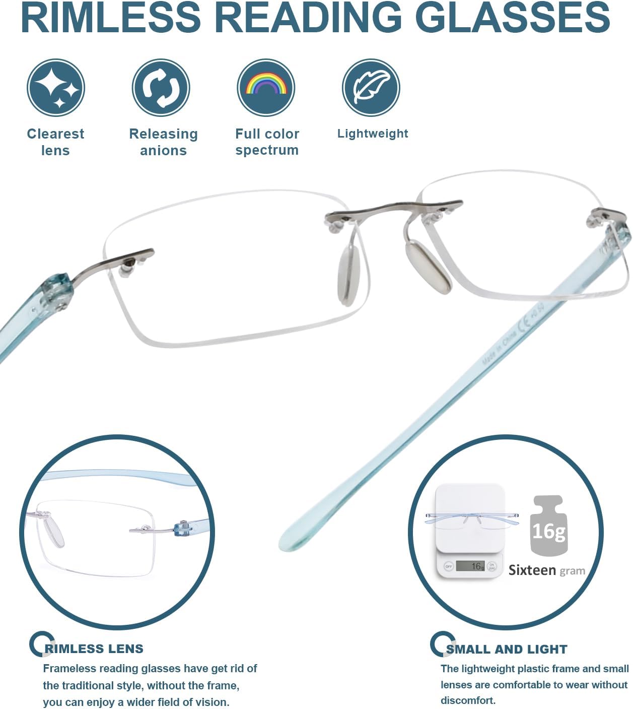 BLUELESS Lentes de lectura sin montura para lectores pequeños hombres y ...