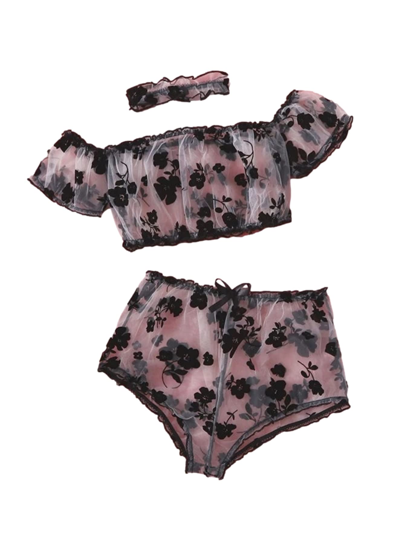 Buy Sexy Ruffle Mesh Sheer Embroidered Floral Lingerie Set Choker Bra