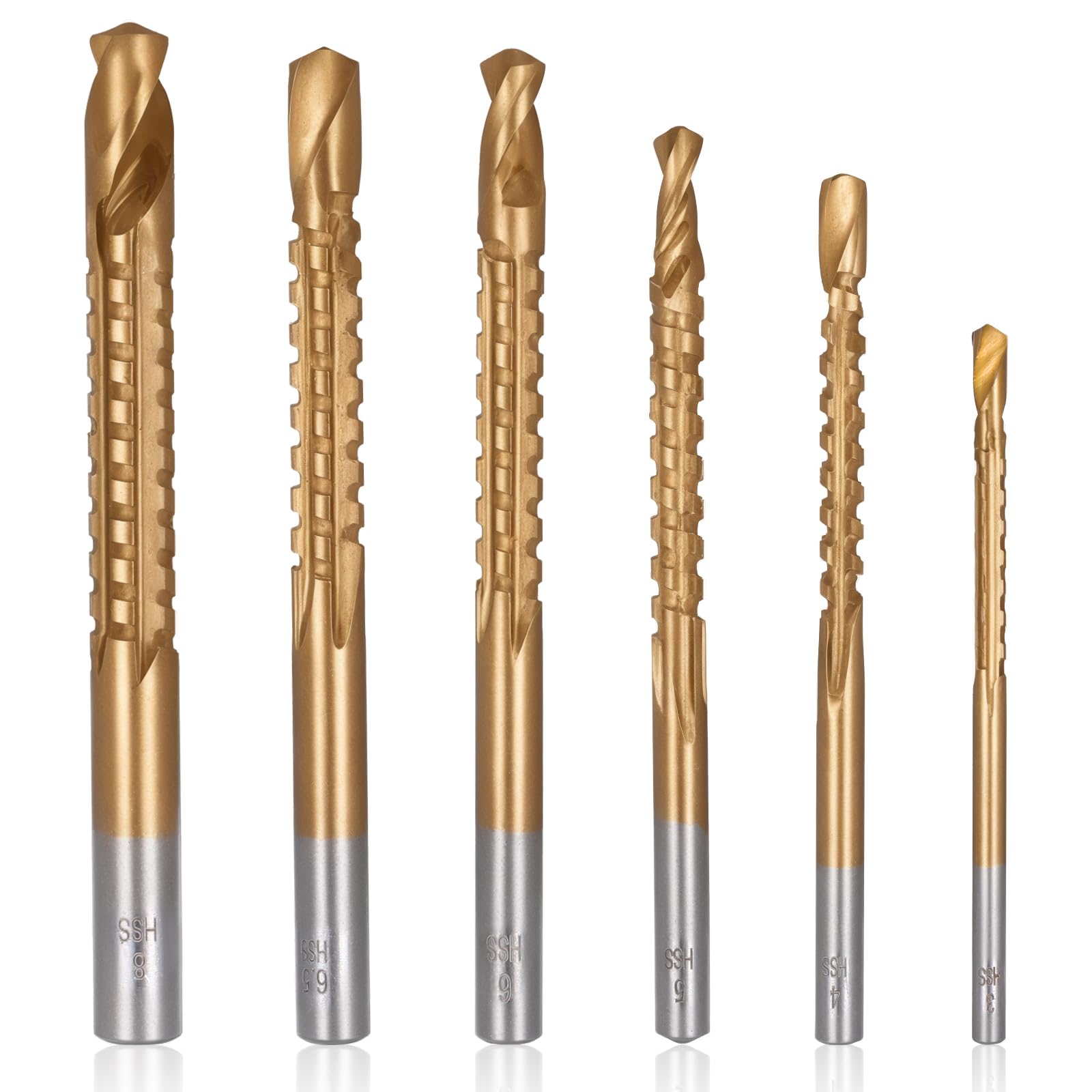 6 Pack Titanium Coated HSS Twist Drill Bit Set 3-8mm Side Cutting Drill ...
