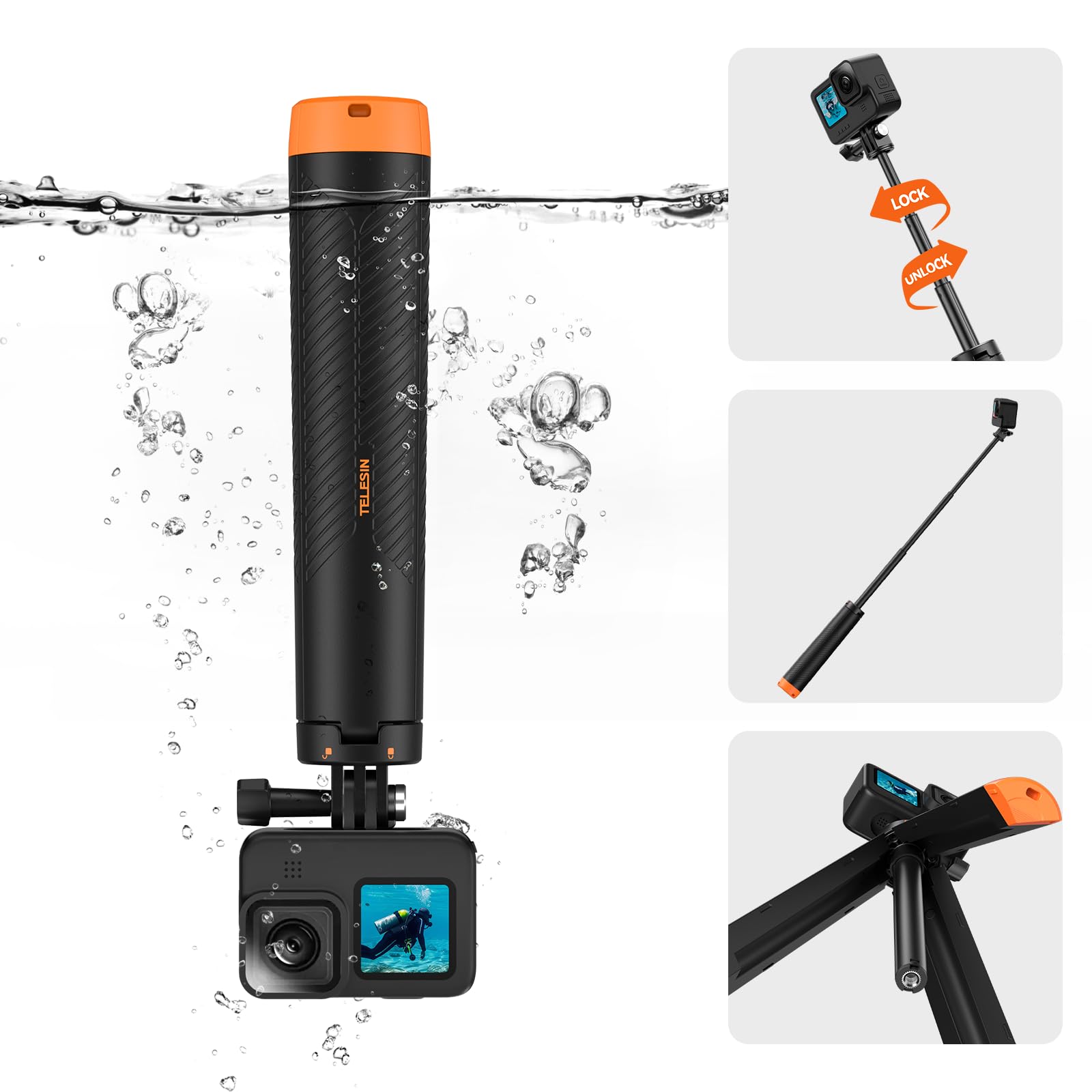 Amazon.com : TELESIN°4 in 1 Selfie Stick Floating Hand Grip Tripod ...
