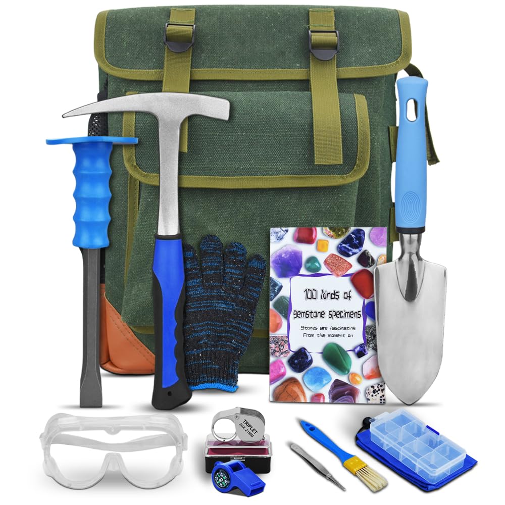 13-Piece Set - Geological Rock Pick Hammer Kit, Rockhound Field Guide ...