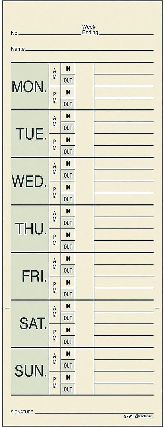 Adams Time Cards, Weekly, 2-Sided, Overtime Format, Named Days, 3-3/8 ...