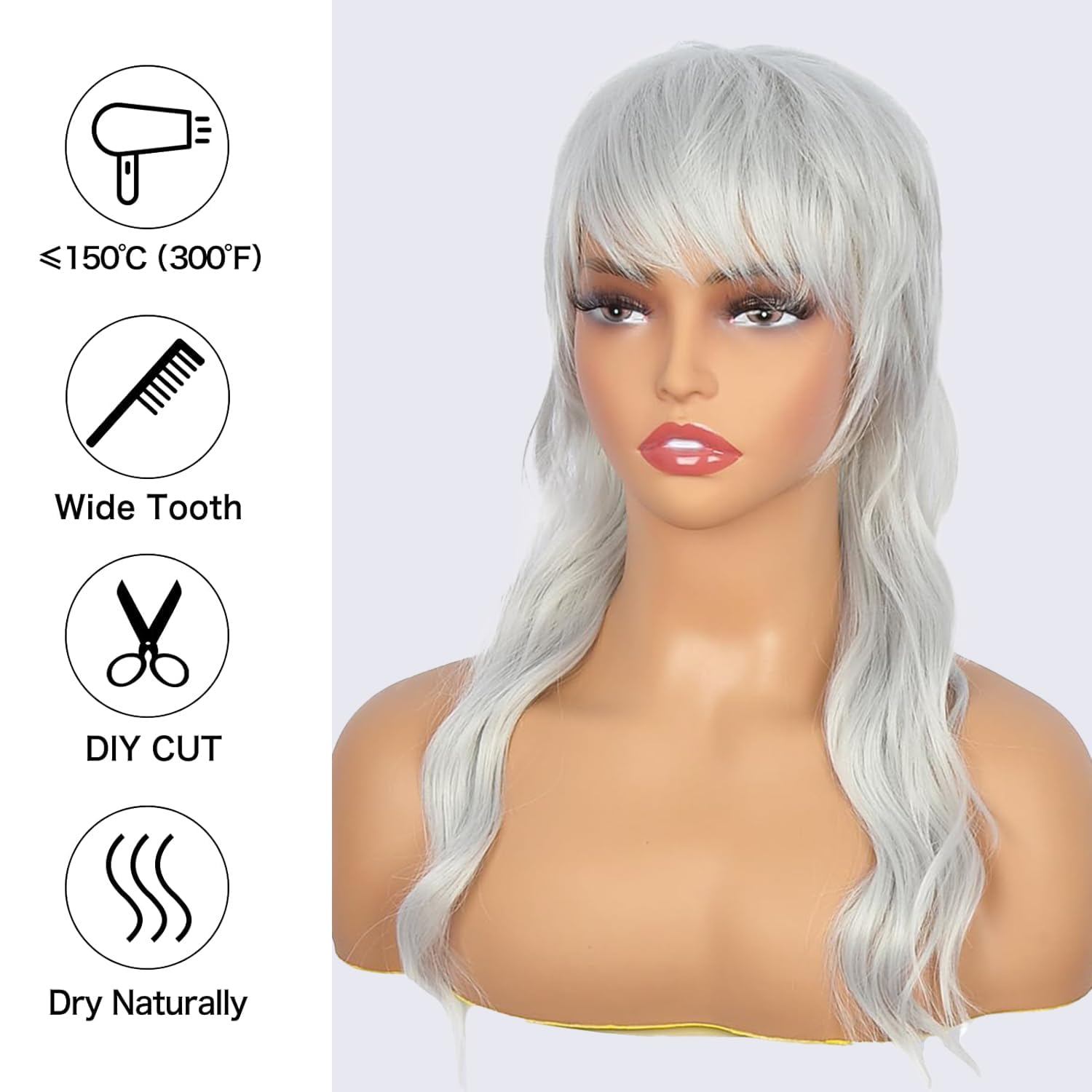 Sabosi Long Grey Mullet Wig for Women with Bangs 90s 80s Wigs Natural Looking Synthetic Wig With ...