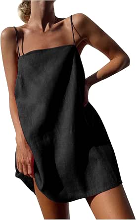 FZYLQY Womens Linen Spaghetti Strap Sleeveless Summer Mini Dresses Cute ...