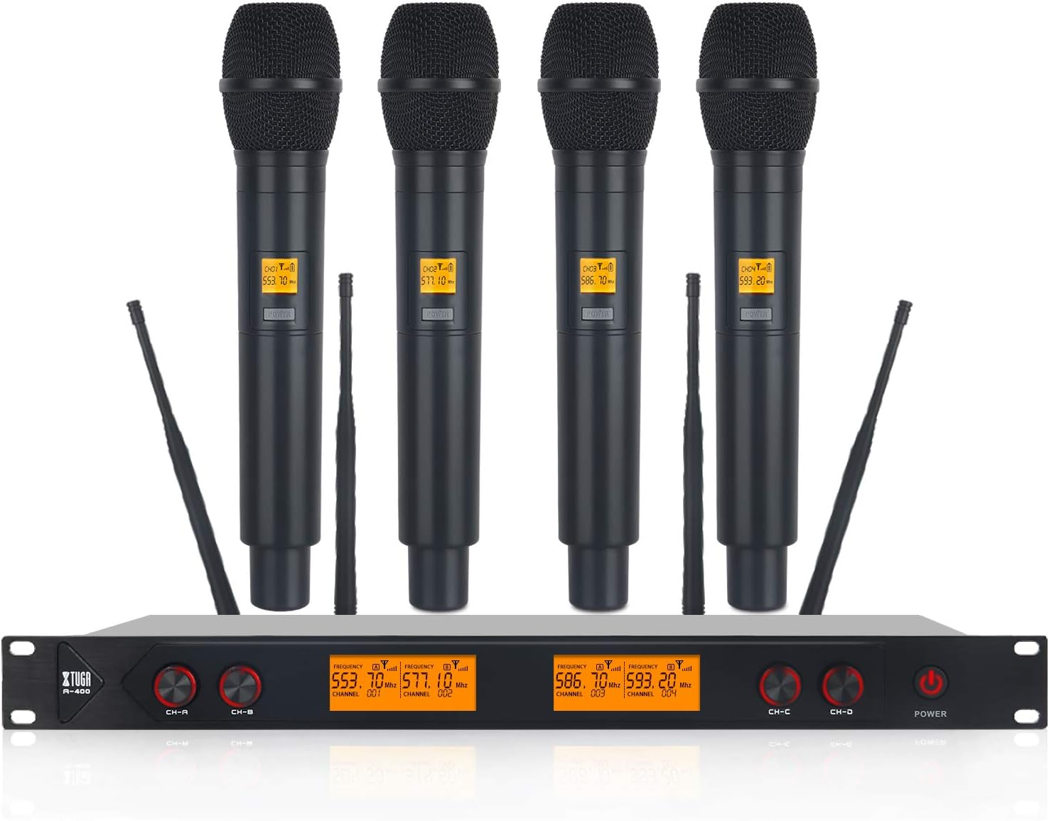 XTUGA A400 Metal Material 4-Channel UHF Wireless Microphone System with 4 Hand-held for Stage ...
