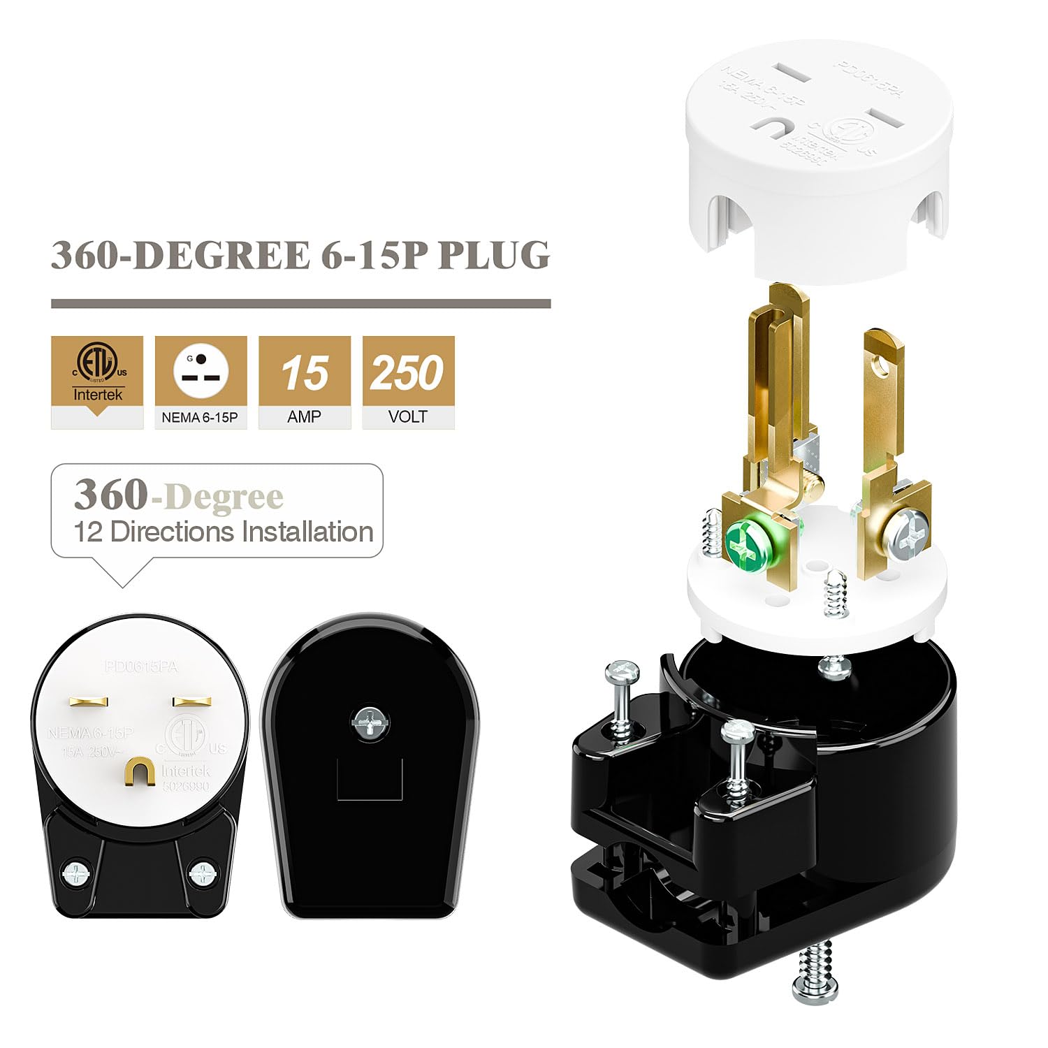 Snapklik.com : USA 3-Prong Male AC Plug, Right Angle ETL Nema 6-15P 3 ...