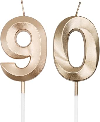 Amazon.com: Champagne Gold 90th Birthday Candles for Cakes, Number 90 ...