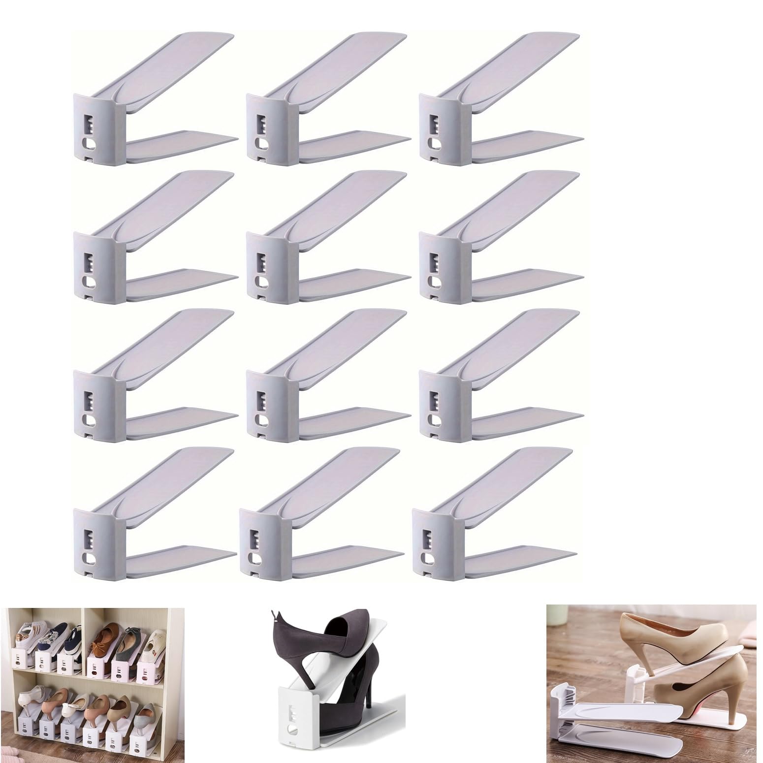 Pack of 12 Pcs Shoe Slot Organise Storage Adjustable 3-Level Height ...