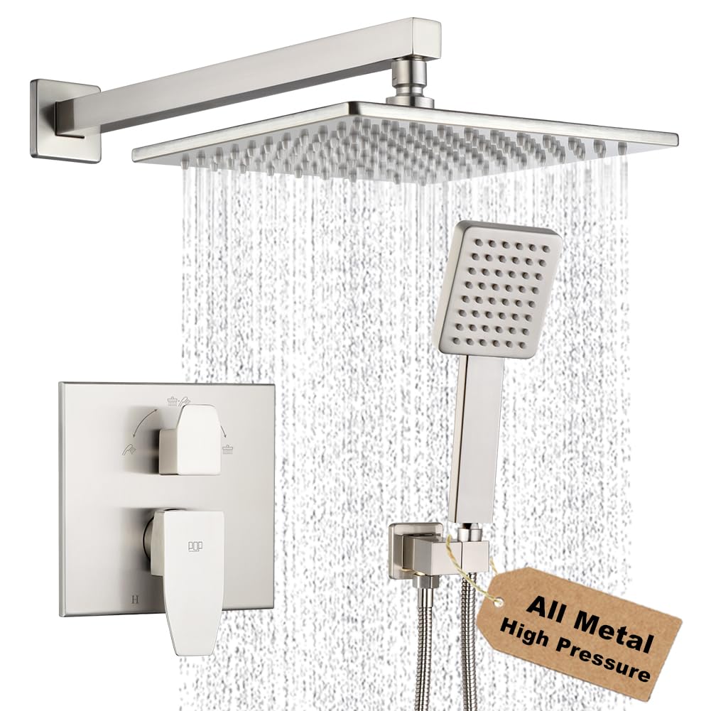 POP SANITARYWARE Shower Faucet Set Brushed Nickel Rainfall 10 Inch ...