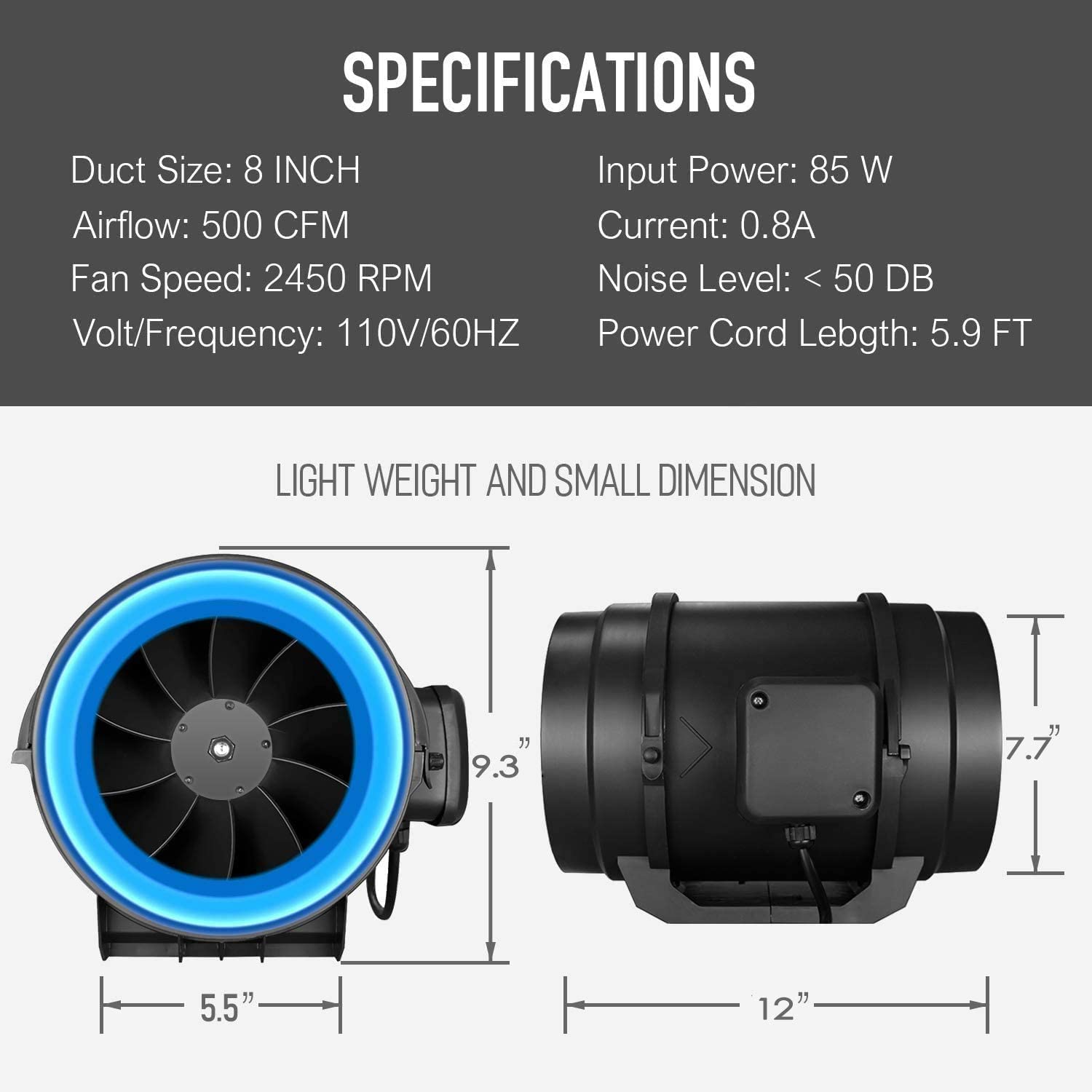 iPower 8 Inch 500 CFM Inline Duct Fan with Variable Speed Controller ...