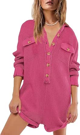 Amazon.com: Yanekop Womens Waffle Knit Rompers Oversized Button Down Short Jumpsuit V Neck Long ...