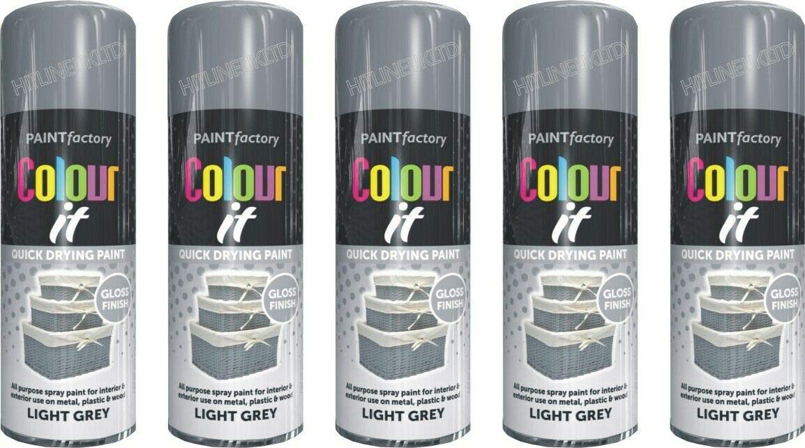 HitlineUK 5 X LIGHT GREY GLOSS PAINT AEROSOL SPRAY CAN QUICK DRYING ...