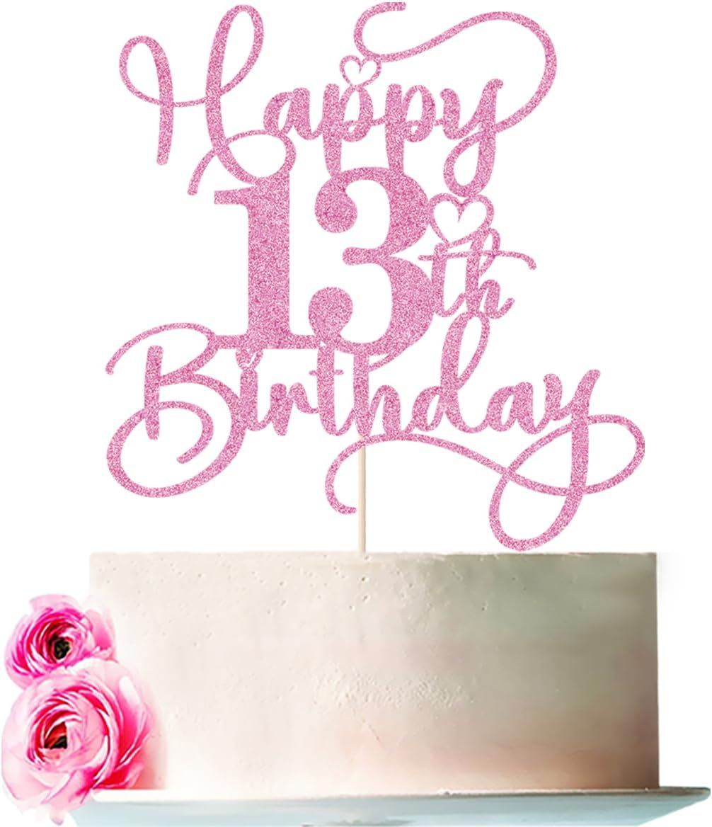 Amazon.com: Bejotaa Pink Happy 13th Birthday Cake Topper 1pcs Glitter ...