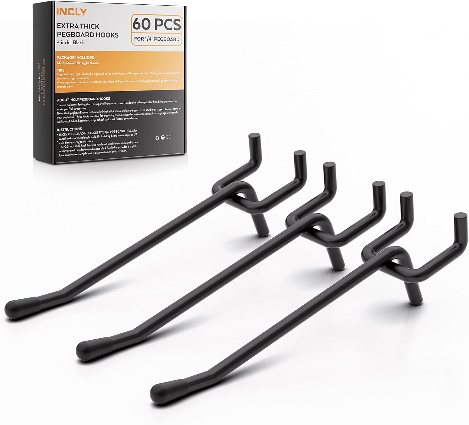 Amazon.com: INCLY 60 Pack 4 Inch Black Pegboard Hooks, 1/4" Heavy Duty ...