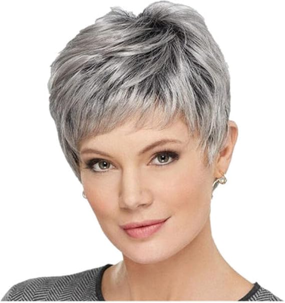 SUIHONG Short Silver Grey Human Hair Wigs For Women Blend Pixie Cut Wig ...