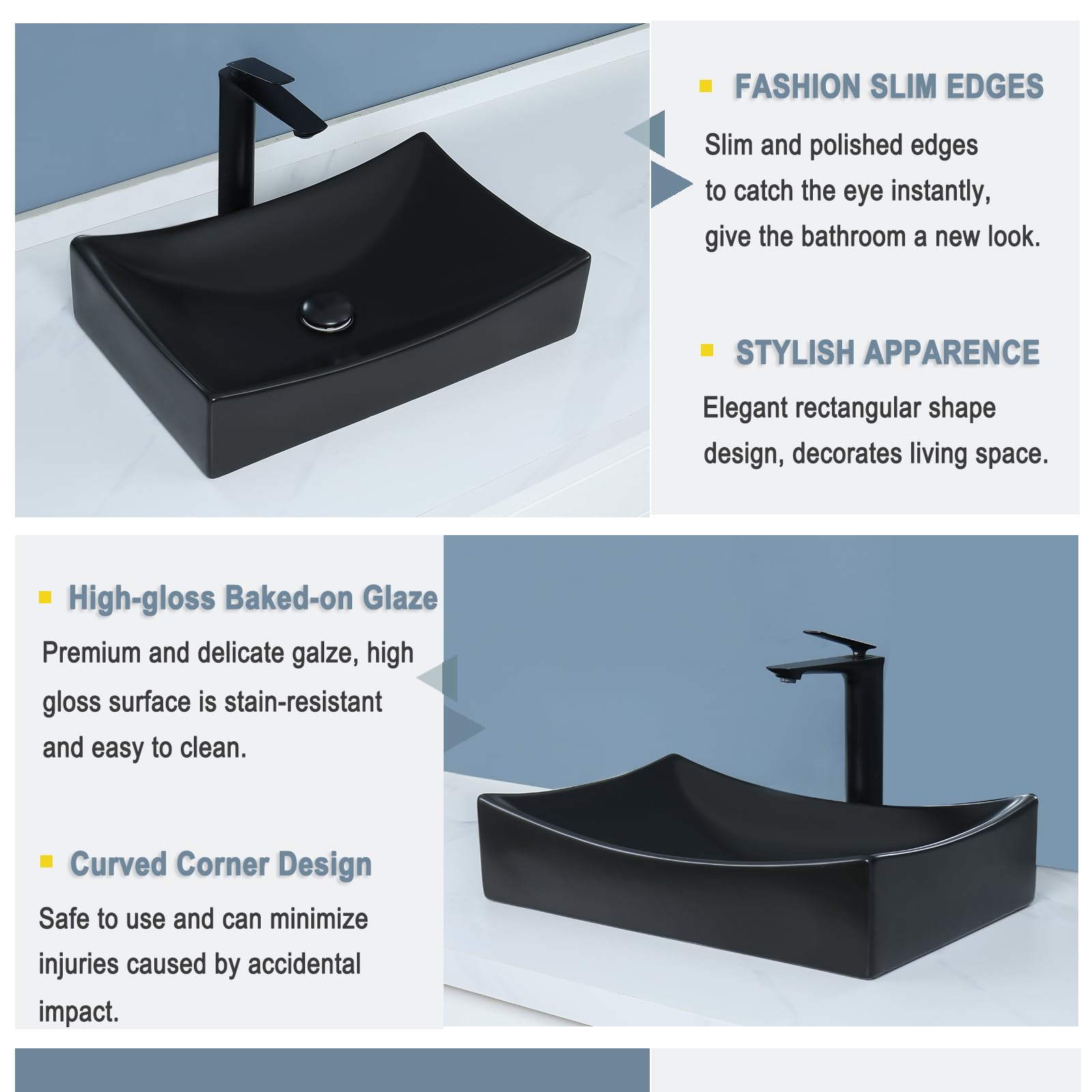 bathivy 22"x14" Matte Black Rectangle Vessel Sink with Pop up Drain, Above Counter Bathroom Sink ...