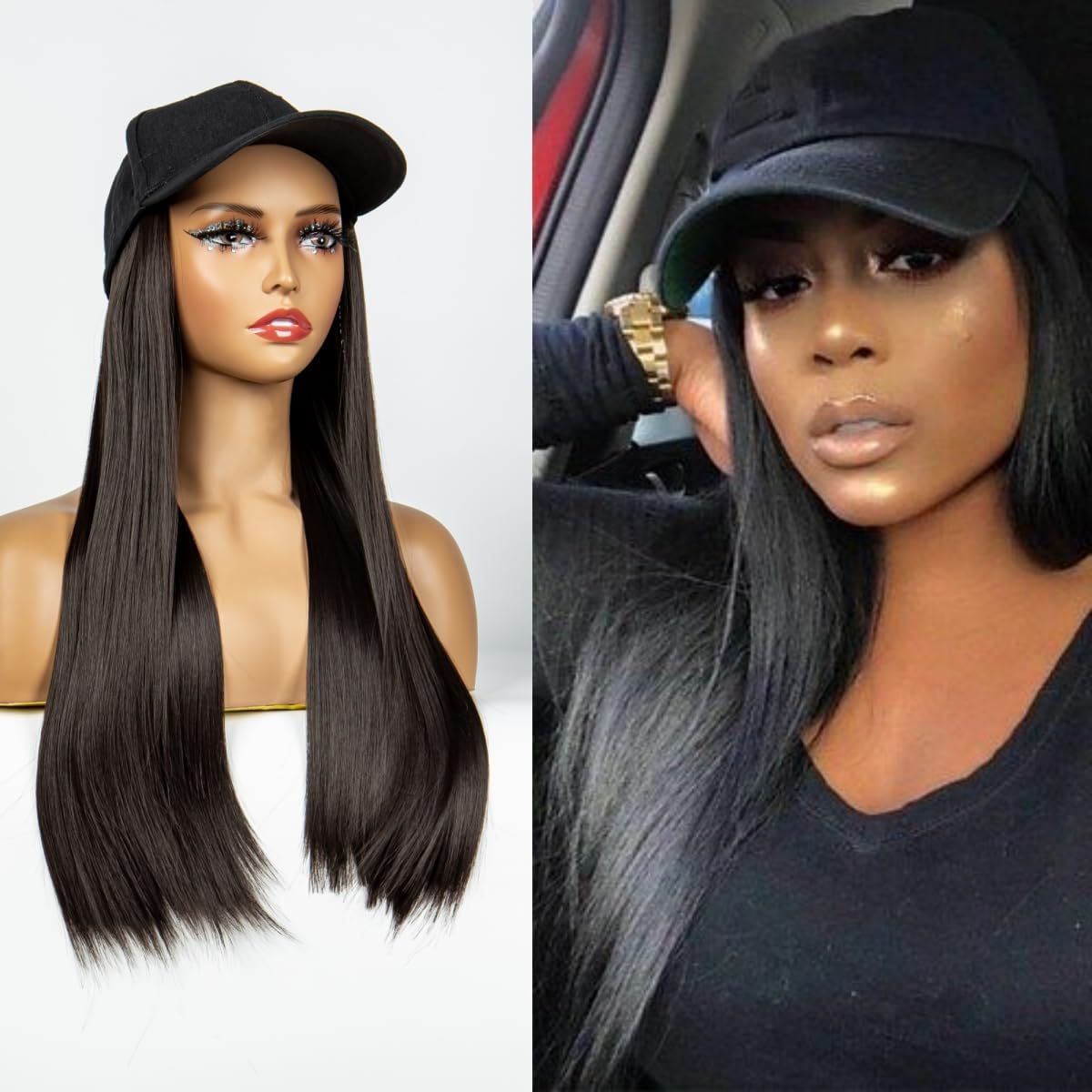 Amazon.com : A ANYTIME 22 inches Synthetic Balck Baseball Cap Wig with ...