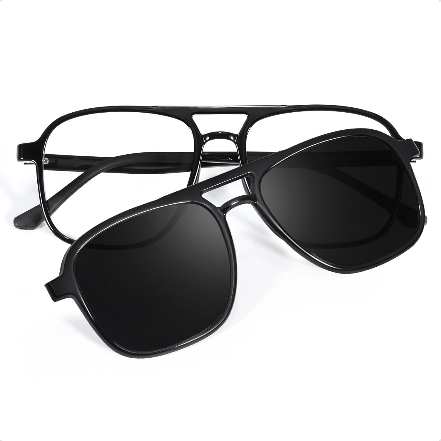 Xfeel Magnetic Clip On Sunglasses Aviator Frame with Clip-on Sun Glasses Over Blue Light ...