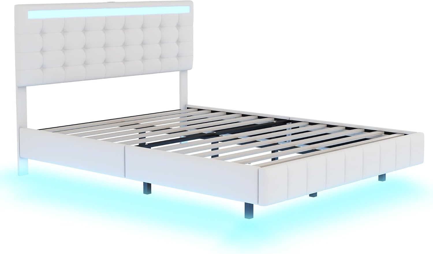 Base de cama flotante tamaño Queen con luces LED y carga USB, cama de plataforma Queen tapizada ...