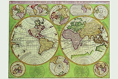 Stereographic World Map with Insets of Polar Projections (20x30 Paper ...