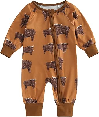 Amazon.com: Western Baby Girl Boy Romper Cow Print Long Sleeve Zip Up Footless Jumpsuit Onesie ...