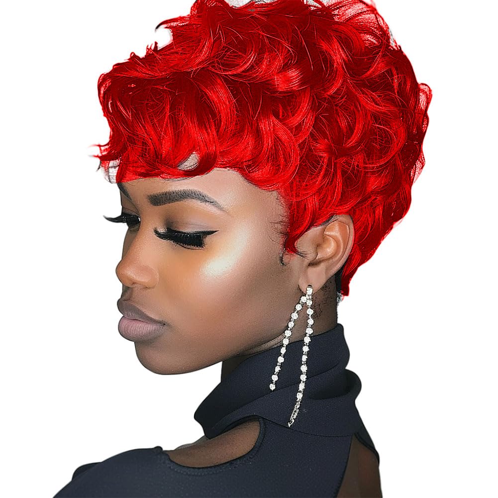 Amazon.com : MOONSHOW Short Red Curly Wigs for Black Women Red Pixie ...