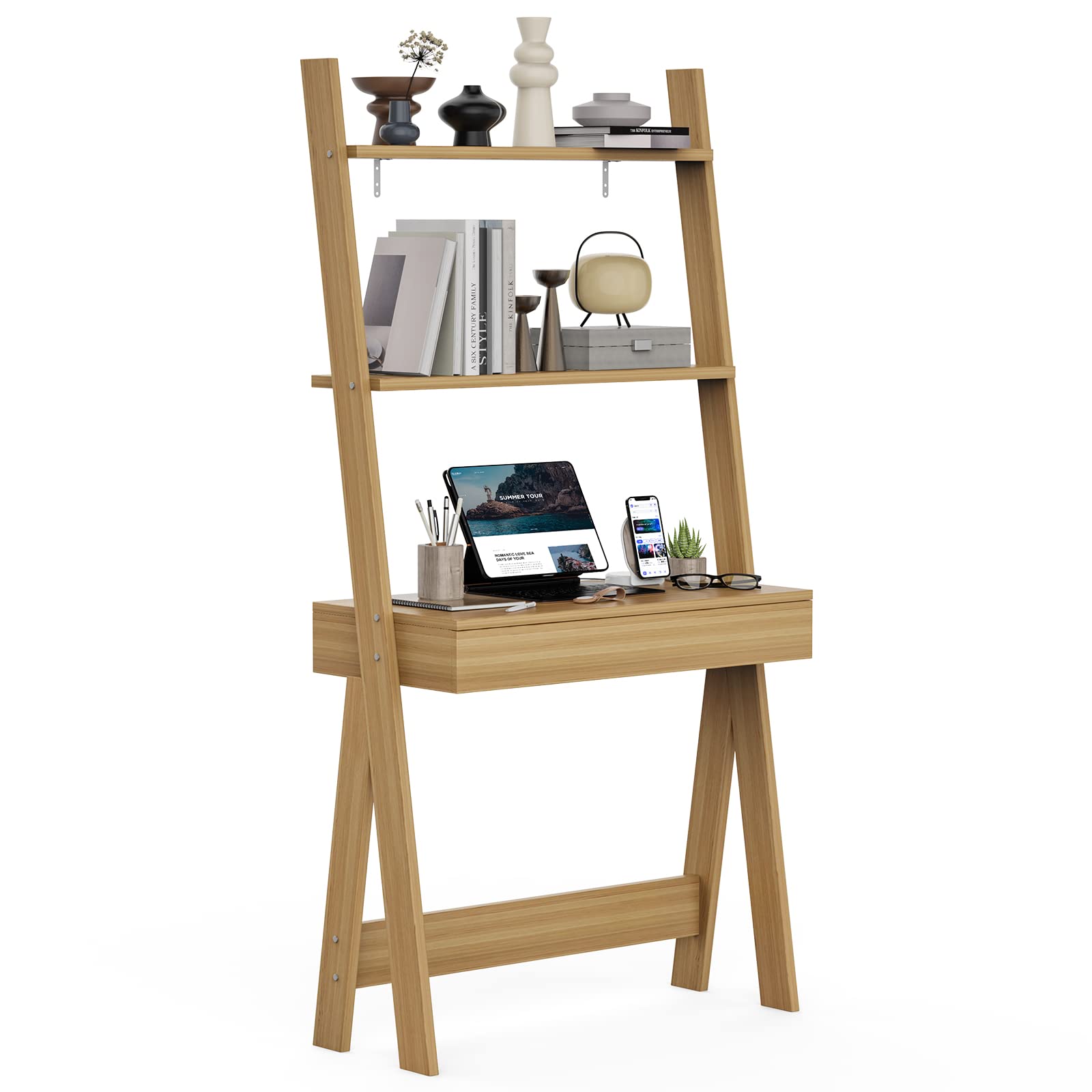 Buy Giantex 3 Tier Ladder Desk with Drawer, 33" Width Ladder Shelf with ...