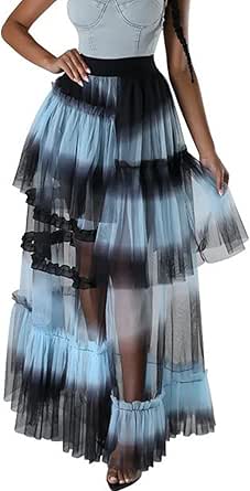 Amazon.com: Tcremisa Women's Sheer Mesh Layered Ruffle Skirts Patchwork ...