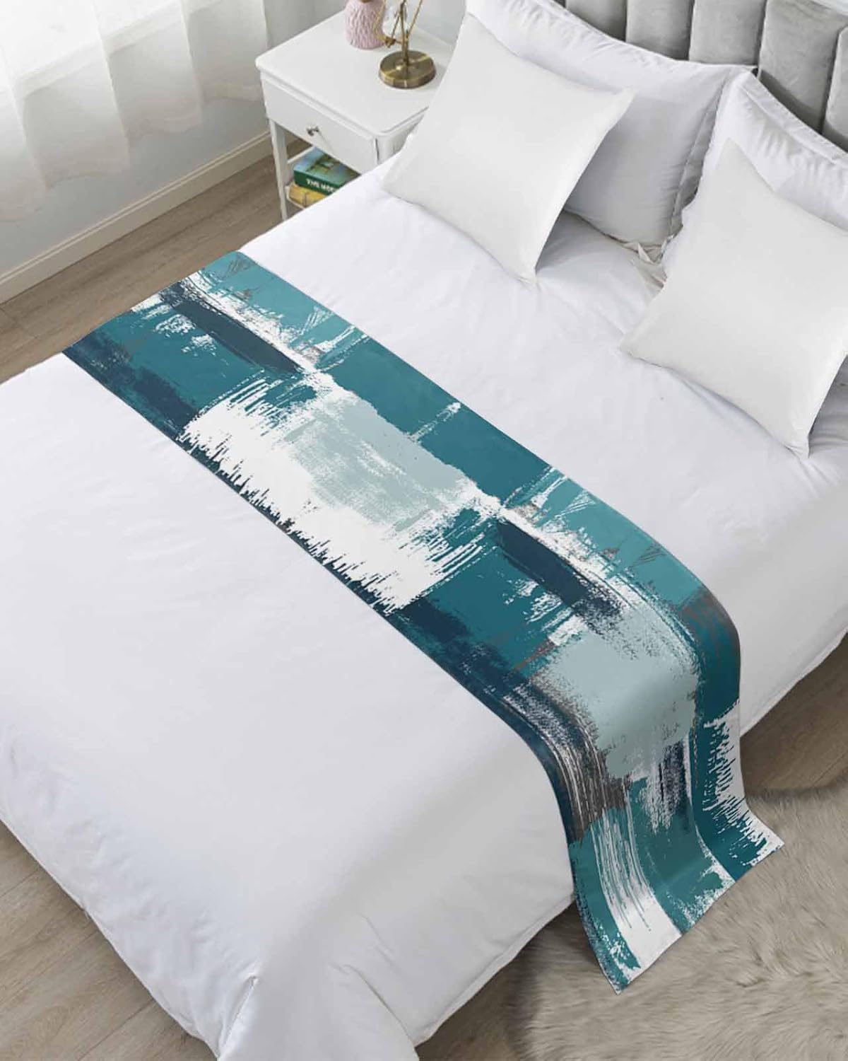 Amazon.com: DecorLovee Oil Painting Teal Bed Runners for Queen Size Bed ...