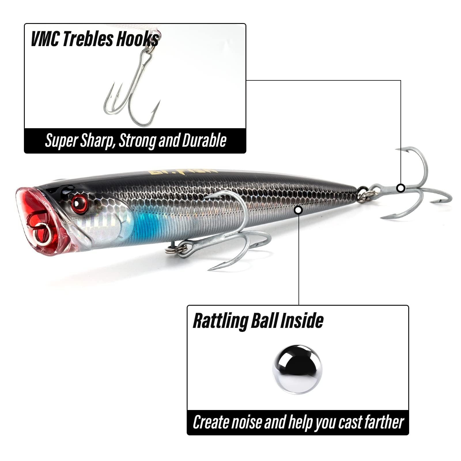 Snapklik.com : 5 Pack Popper Saltwater Fishing Lures, 5.5 Inches GT Popper VMC Treble Hooks Surf ...