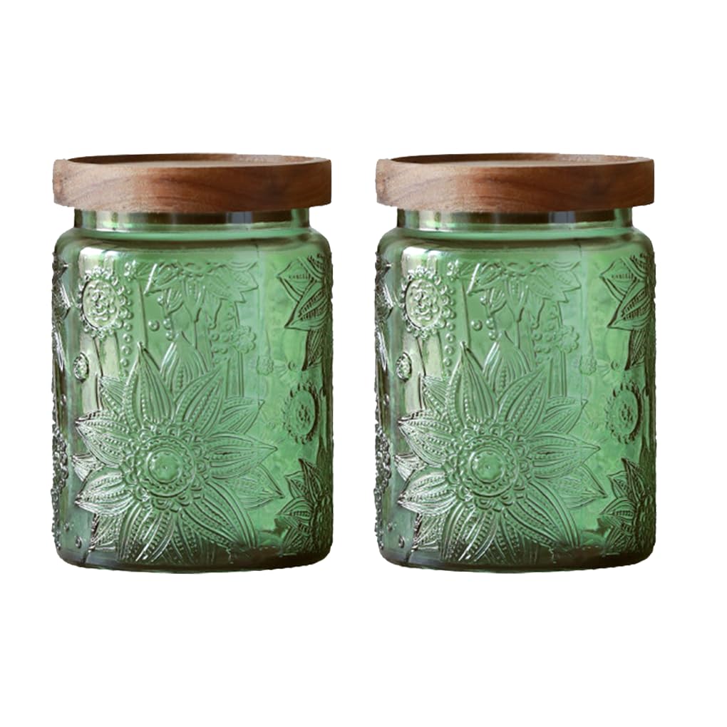 Amazon.com: Set of 2 Vintage Glass Jars, Green Glass Storage Jars with ...