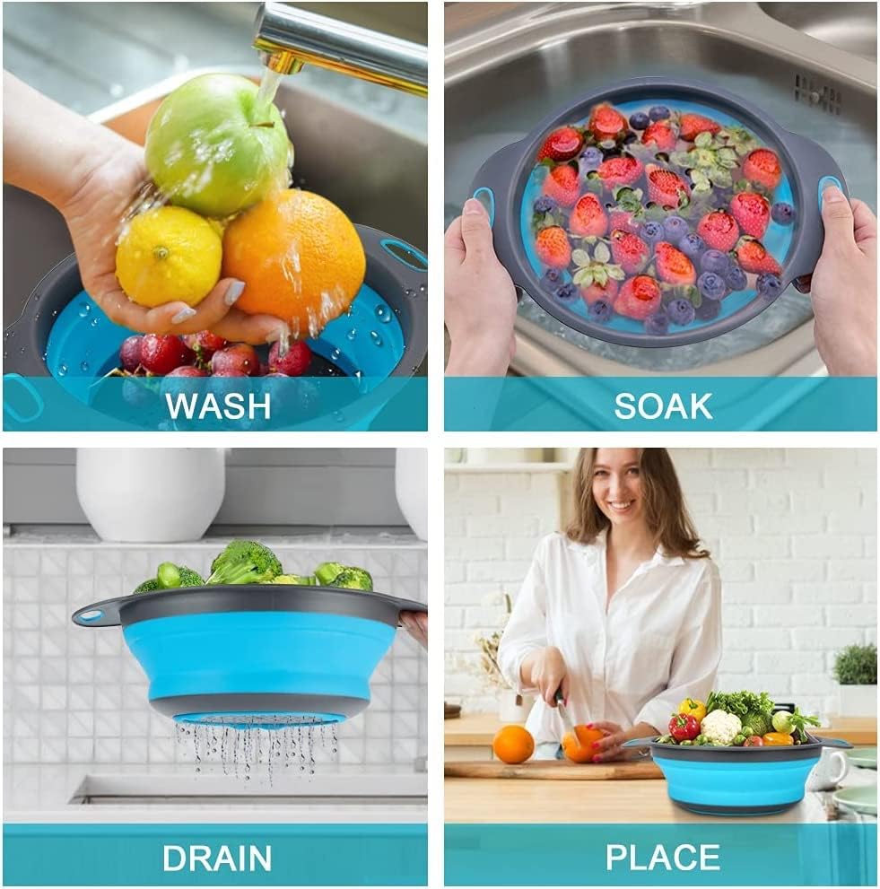 Collapsible Colander Set (2 Pieces) Round Silicone Kitchen Strainer Set ...