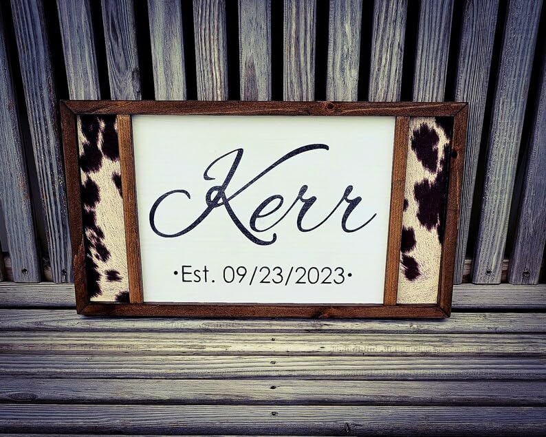 Amazon.com: Personalized Cowhide Wedding Anniversary Sign - Custom ...