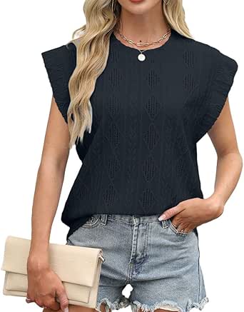 Women Loose Summer Tops Casual Cap Sleeve Shirts Crochet Knit Texture T ...