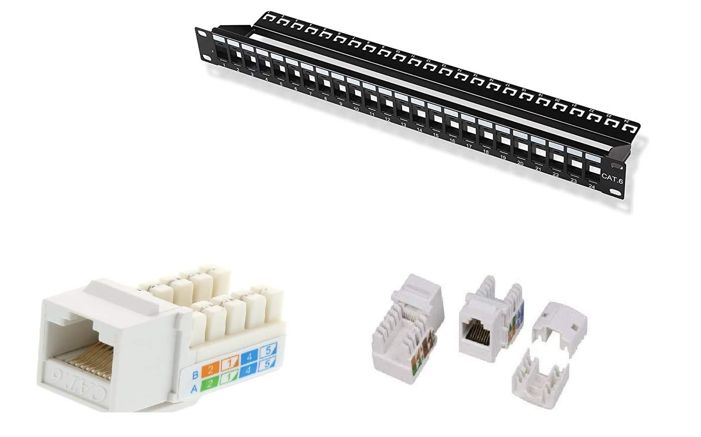24-Port Cat6, Cat 6 Keystone Patch Panel (Blank Patch Panel) & 180 Degree Cat 6 RJ45 Keystone ...