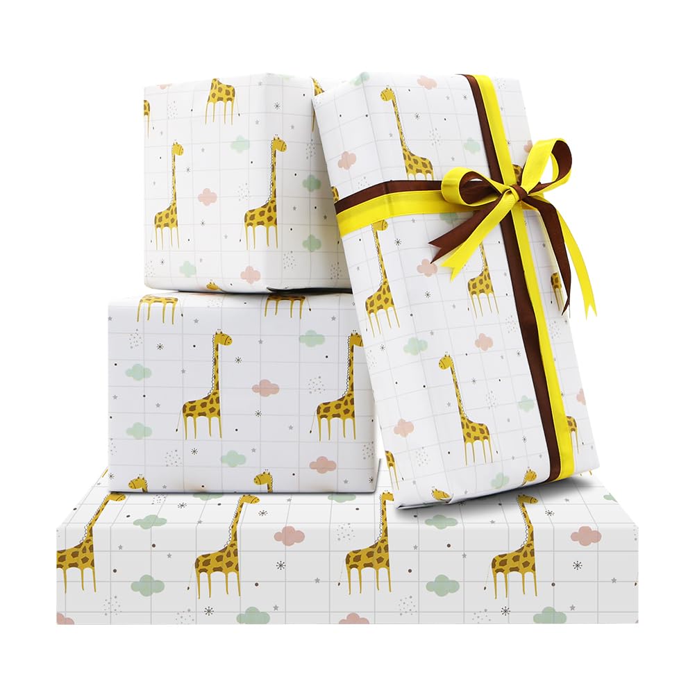 Amazon.com: Playful Giraffe Birthday Wrapping Paper With Matched Ribbon ...