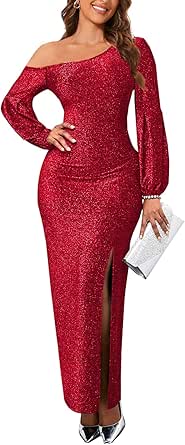 Amazon.com: Women's Long Sleeve Formal Evening Party Dress Elegant Sparkly Evening Gowns Red ...