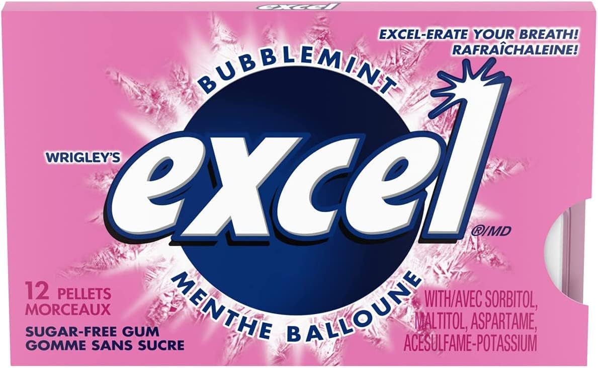 EXCEL, Bubblemint Flavoured Sugar Free Chewing Gum, 12 Pieces, 12 Packs ...