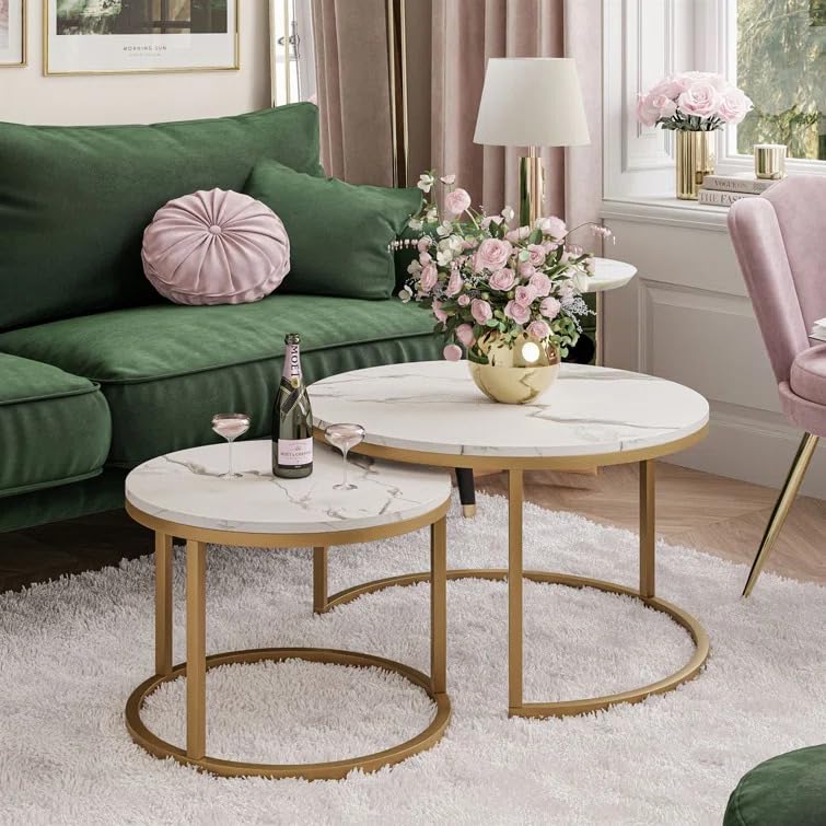 Zareen Mart Marble Nesting Golden Coffee Table 22 Inch Large Set of 2 ...