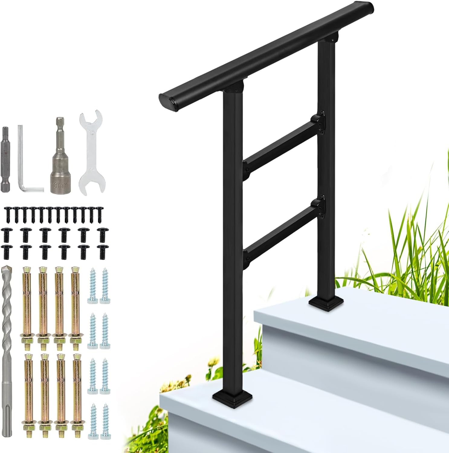 CELYND 2-Step Outdoor Stair Railing: Black Wrought Iron Handrail for 1 ...