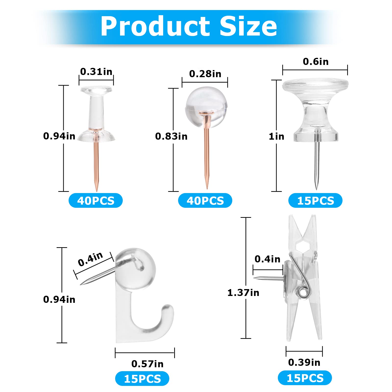 Snapklik.com : Clear Push Pins Set, 5 Styles 125-count Thumb Tacks Map ...