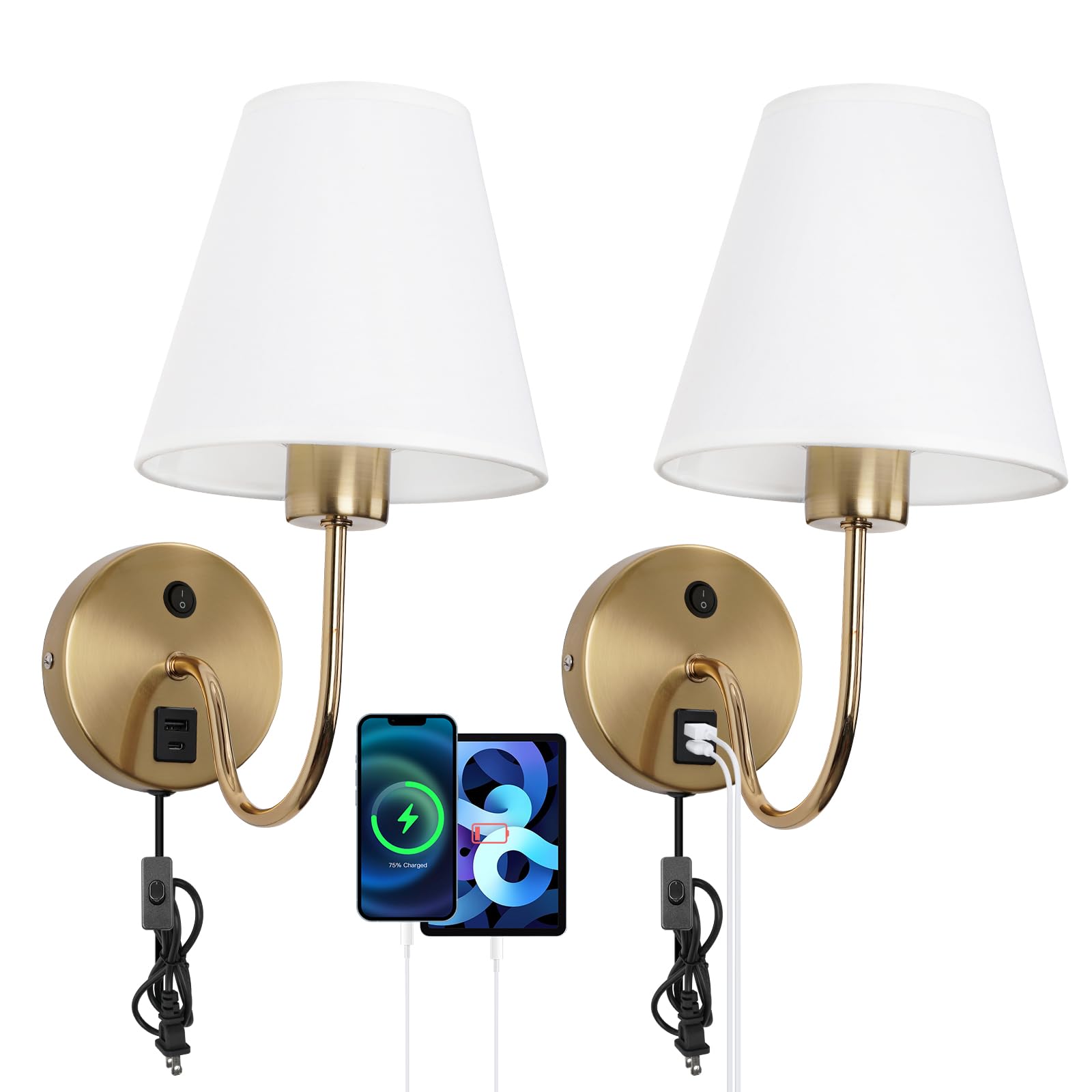 Frideko Plug in Wall Sconces Set of Two with USB A+C Charging Ports ...