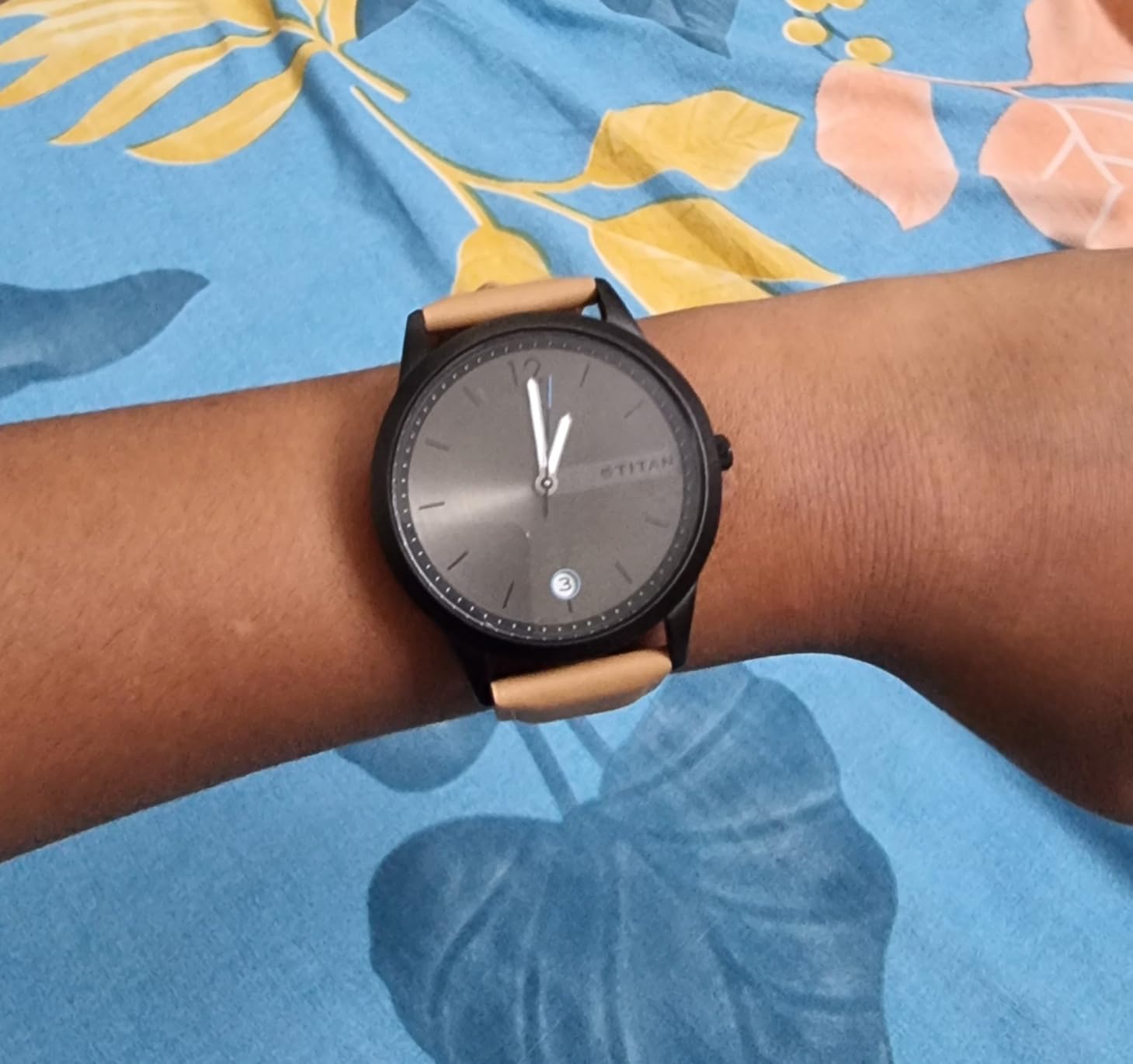 Titan Quartz Analog with Date Anthracite Dial Tan Leather Strap Watch ...