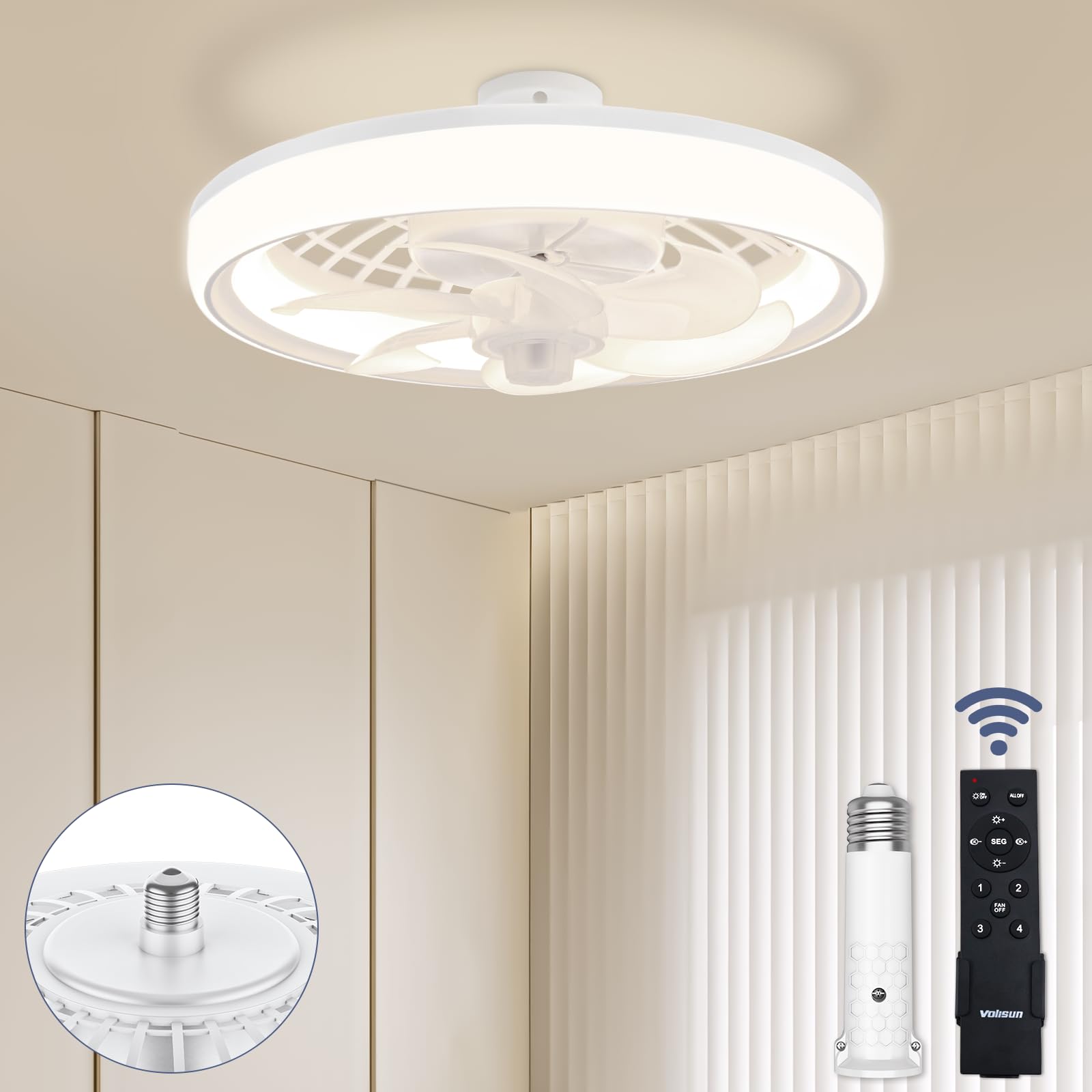 VOLISUN Socket Fan Light with Remote, Socket Ceiling Fan with Dimmable ...