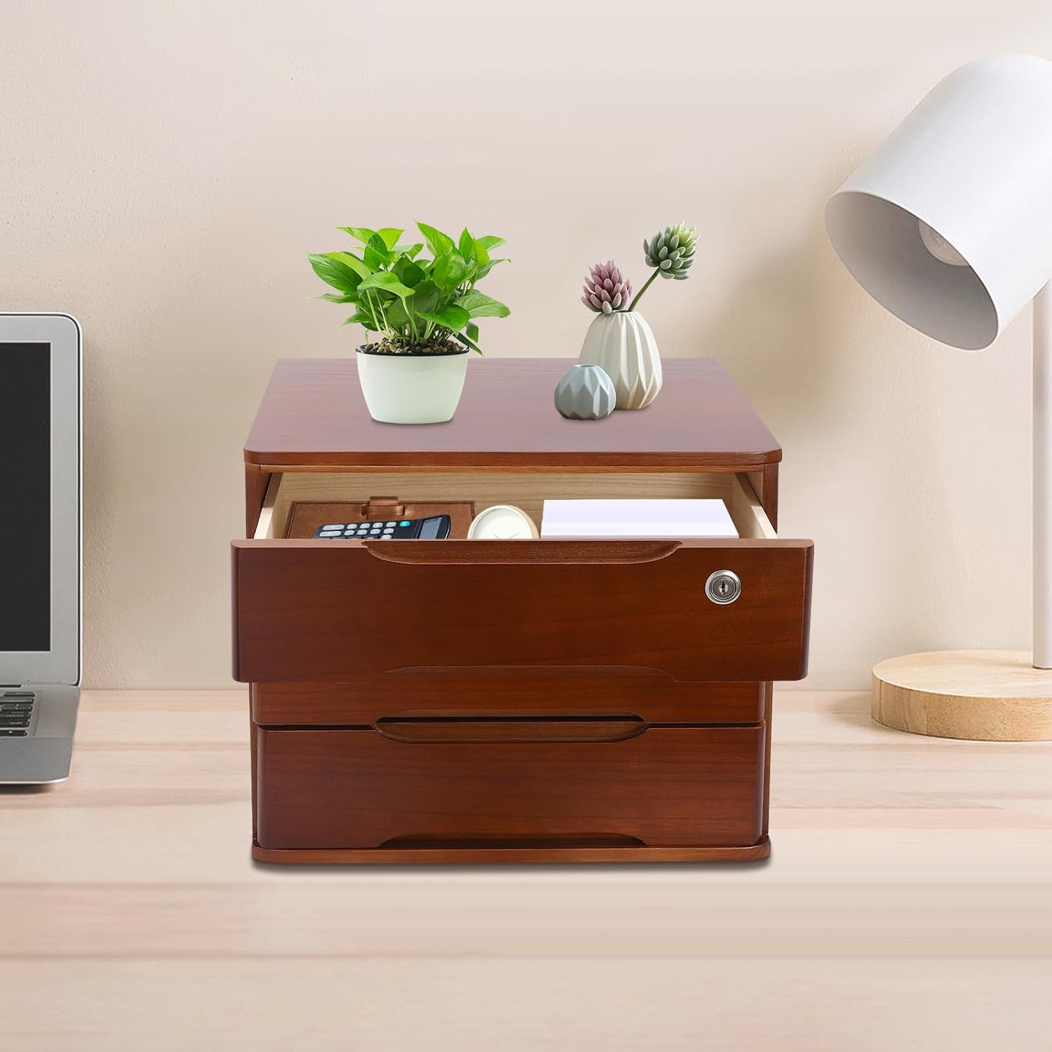 Amazon.com: LOHISHILO 3-Tiers Wooden Desktop Storage Box with Lockable ...